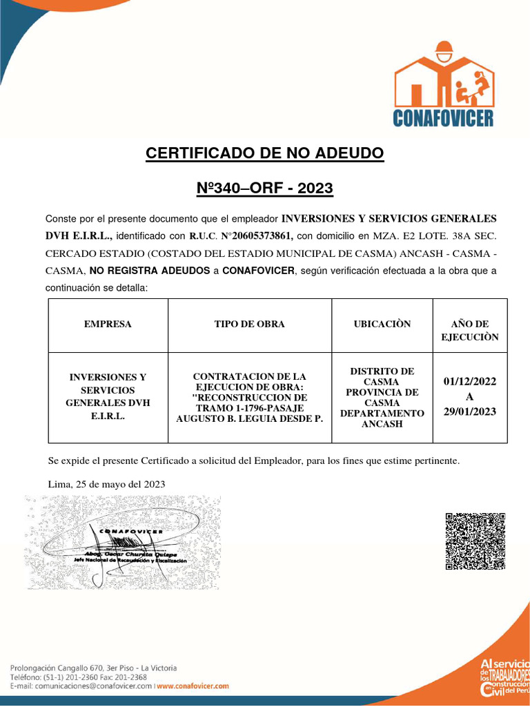 Certificado de No Adeudar 000340 - 20605373861 - Inversiones y Servicios Generales DVH E.I.R.L ...