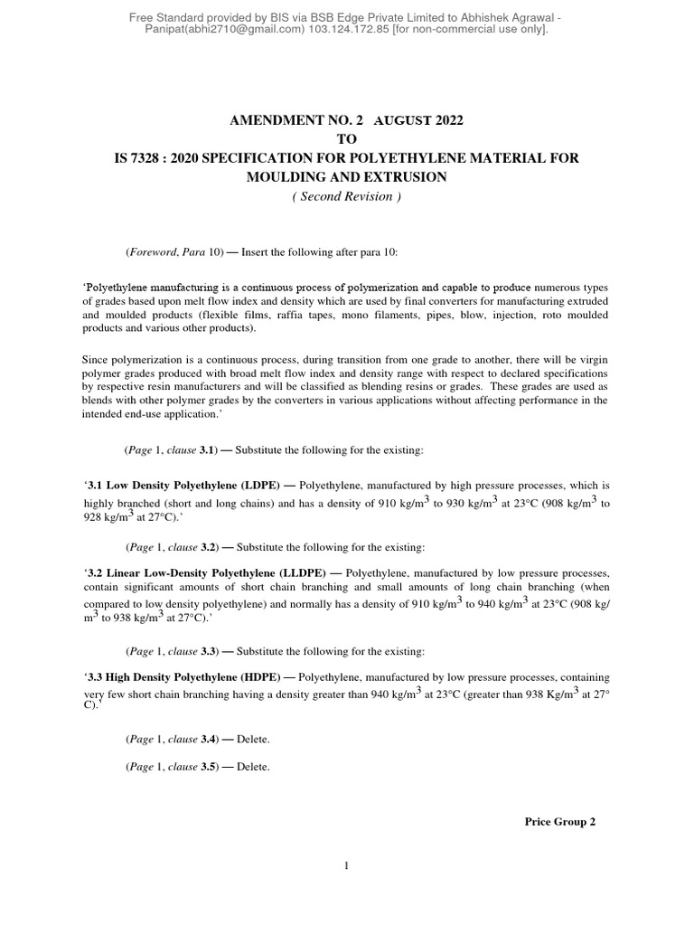 Amendment No. 2 AUGUST 2022 TO Is 7328: 2020 Specification For Polyethylene Material For ...