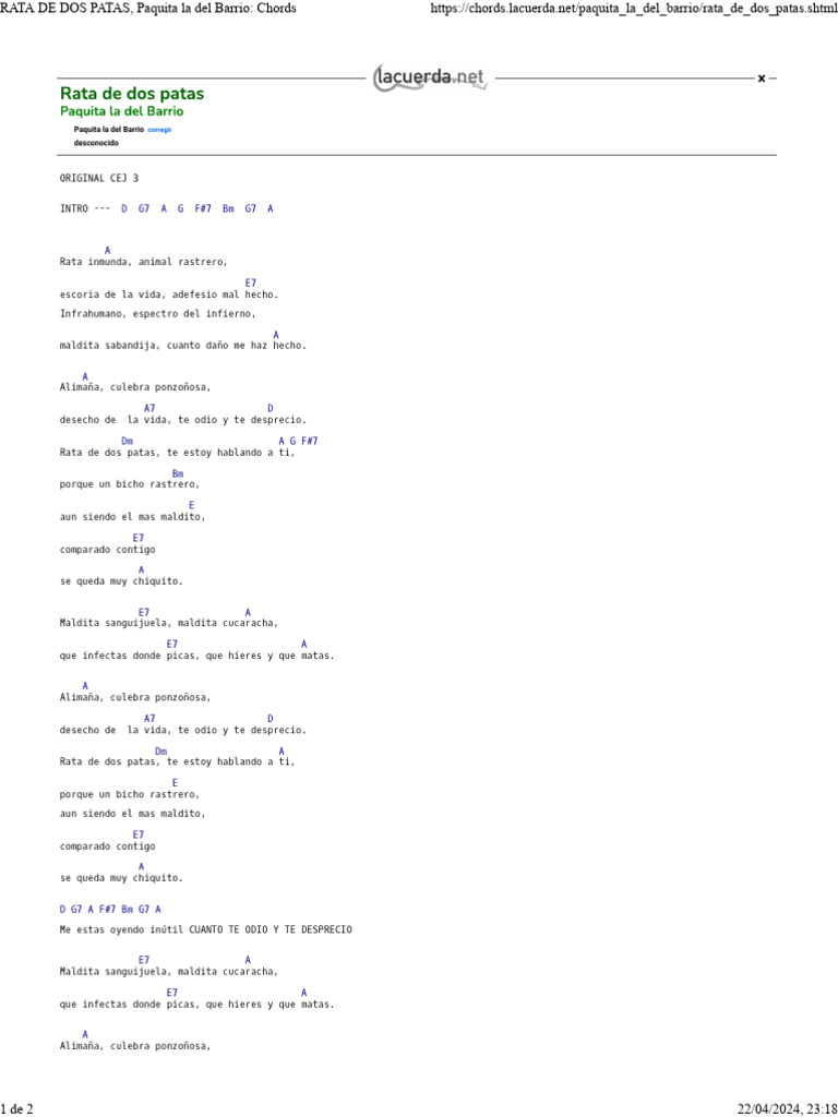 RATA DE DOS PATAS, Paquita La Del Barrio Chords | PDF