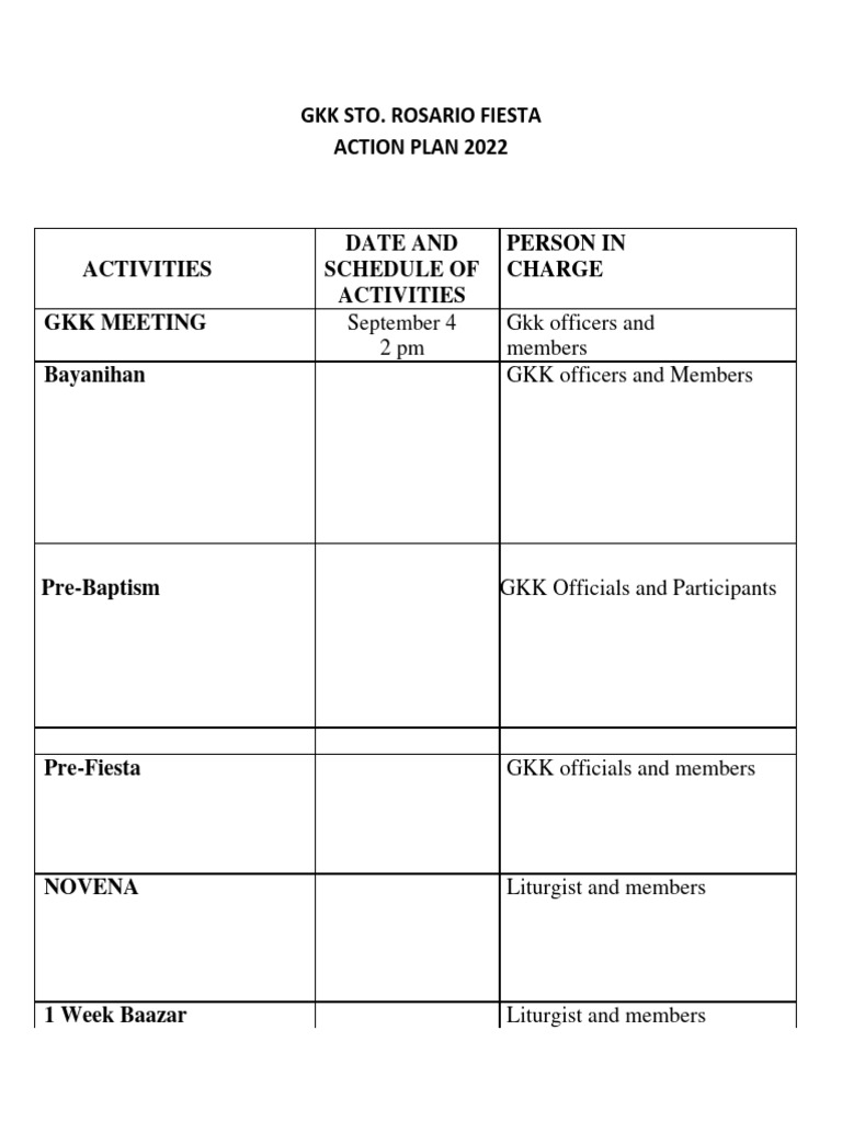 GKK Sto. Rosario Fiesta Action Plan 2022 | PDF