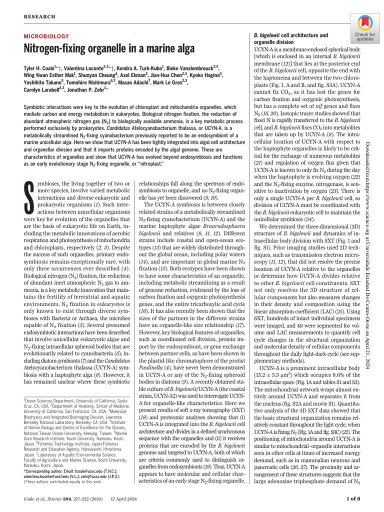 Nitrogen-Fixing Organelle in A Marine Alga | PDF | Cell (Biology ...