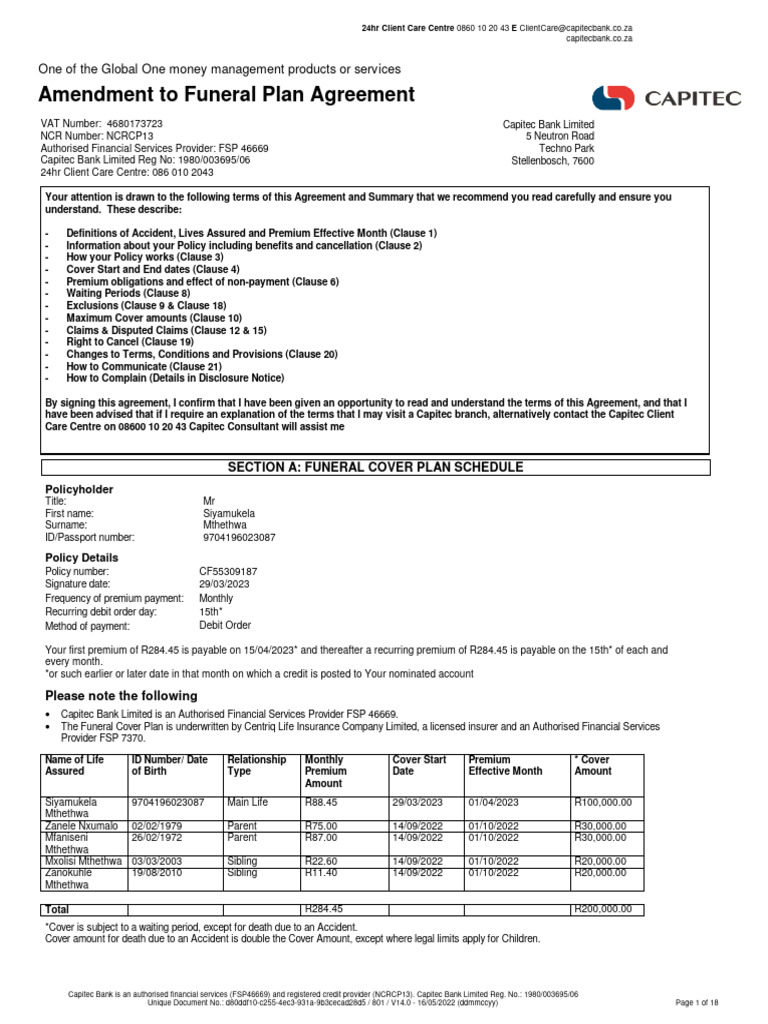 801 Funeral Cover Plan Agreement - CF55309187 | PDF | Insurance | Family