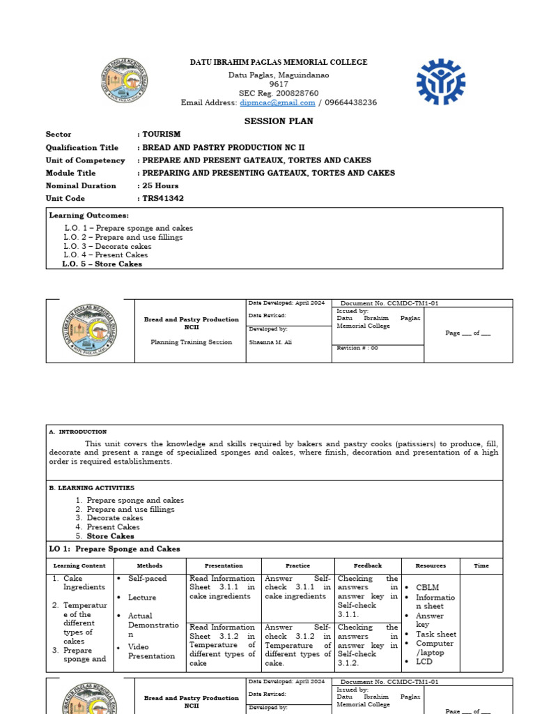 BPP Ncii Se Ssion Plan Edited | PDF | Cakes | Baking