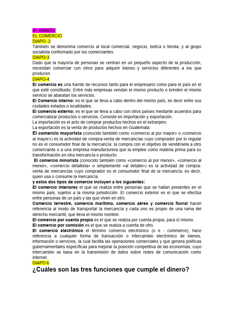 Tipos de Comercio y Funciones del Dinero | PDF | Comercio | Oferta ...