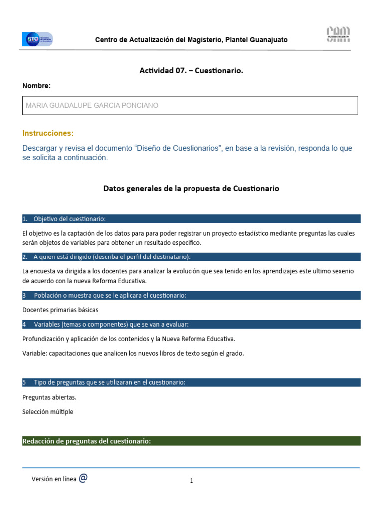 Maria Garcia A07 | PDF | Cuestionario | Enseñando