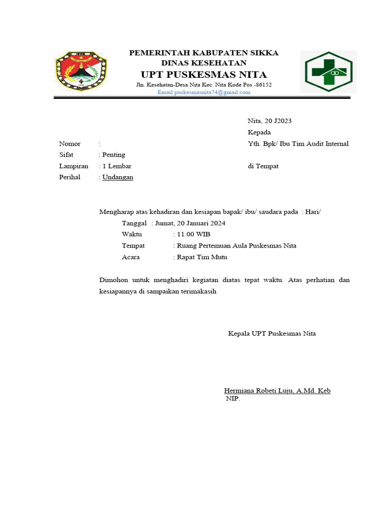 Undangan Rapat Tim Mutu Puskesmas Nita | PDF
