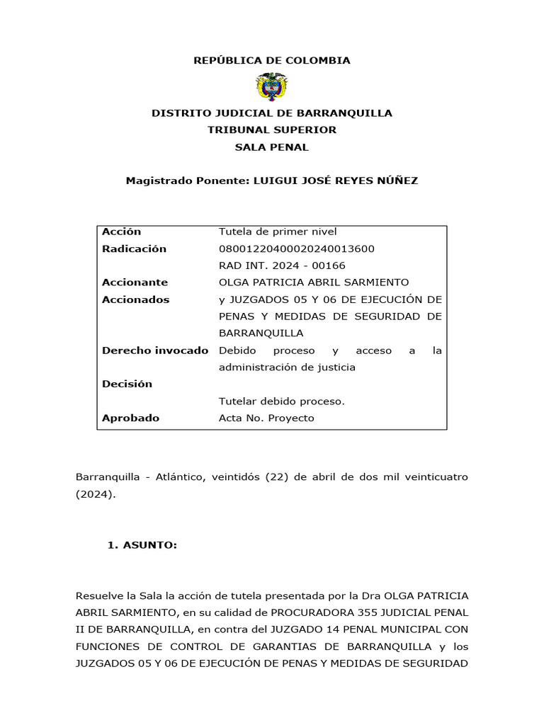 2024 00166 Olga Abril Sarmiento Vs Juzgado 14 Penal Municipal de | PDF ... 2024 00166 Olga Abril Sarmiento Vs Juzgado 14 Penal Municipal de | PDF ...