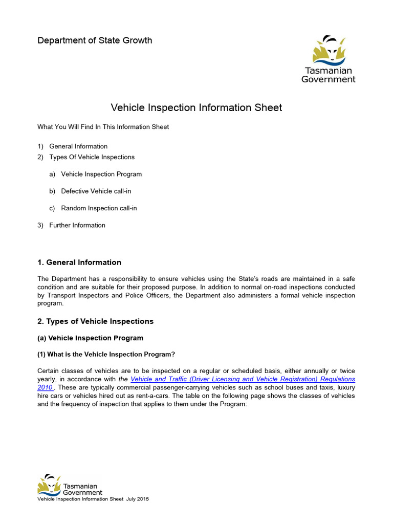 Vehicle Inspection Information Sheet | PDF | Vehicles | Road Transport