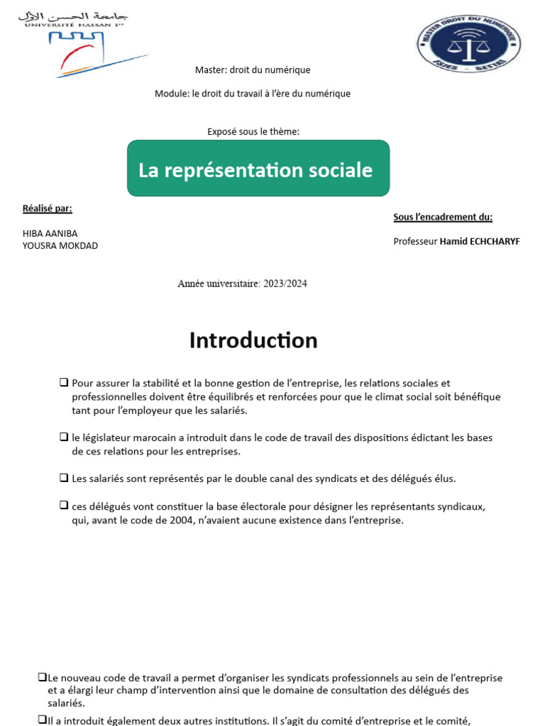 Exposé La Représentation Sociale P | PDF | Relations de travail | Travail