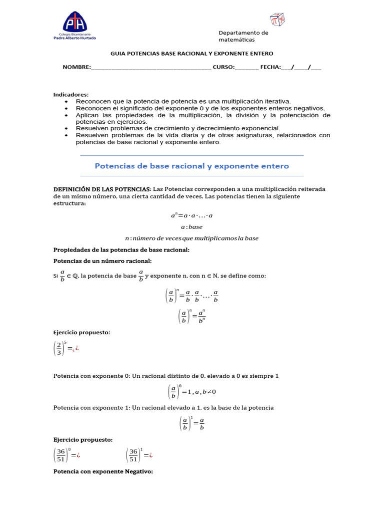 Guia 1 Potencias Base Racional y Exponente Enter1 | PDF ...