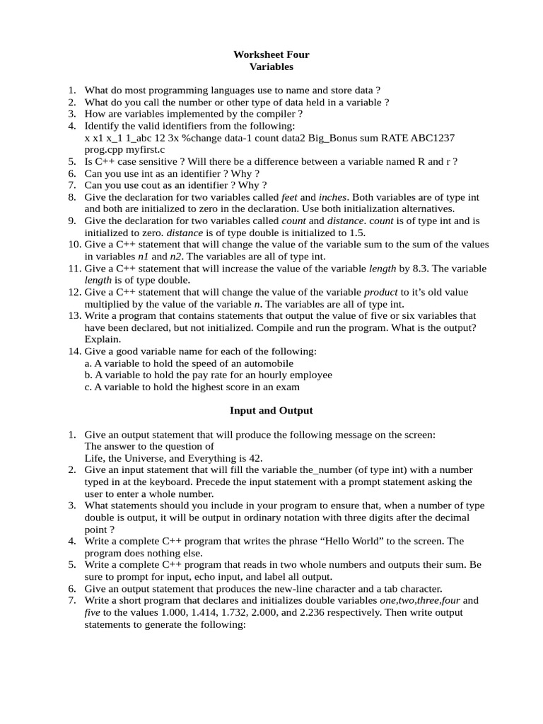 WorksheetFour | PDF | Variable (Computer Science) | C++