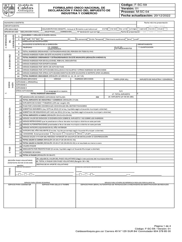 F SC 59 Formulario Unico Nacional Declaracion y Pago Del Impuesto ...