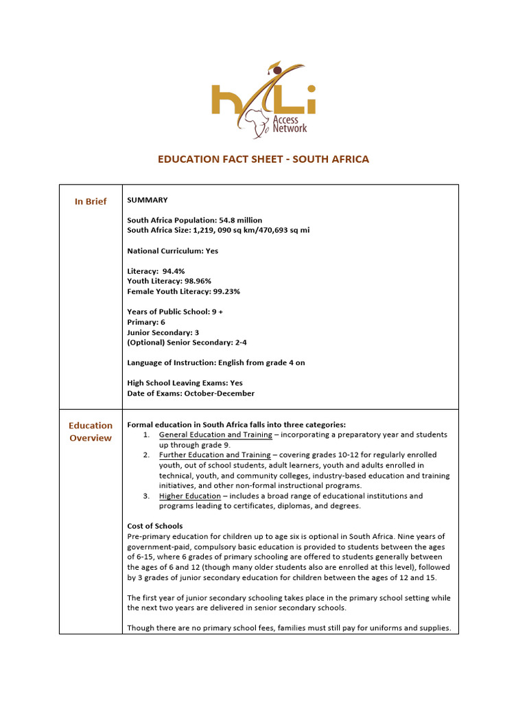 South Africa Education Fact Sheet | Download Free PDF | Educational ...