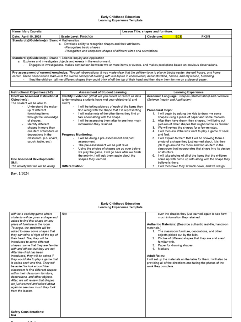 Ece Lesson Plan Mary Capretta | PDF | Classroom | Early Childhood Education