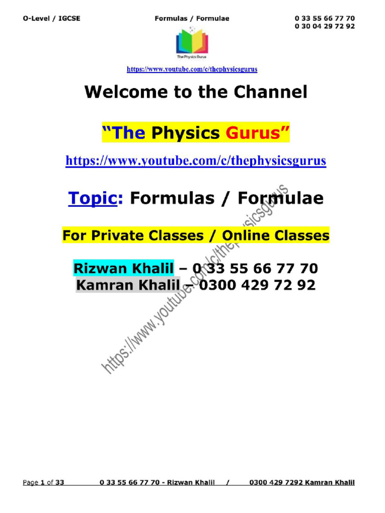Formula Sheet For O Level Physics 5054 | PDF