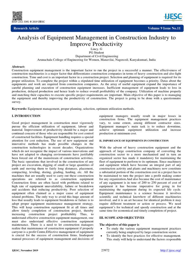 Analysis of Equipment Management in Construction Industry To Improve ...