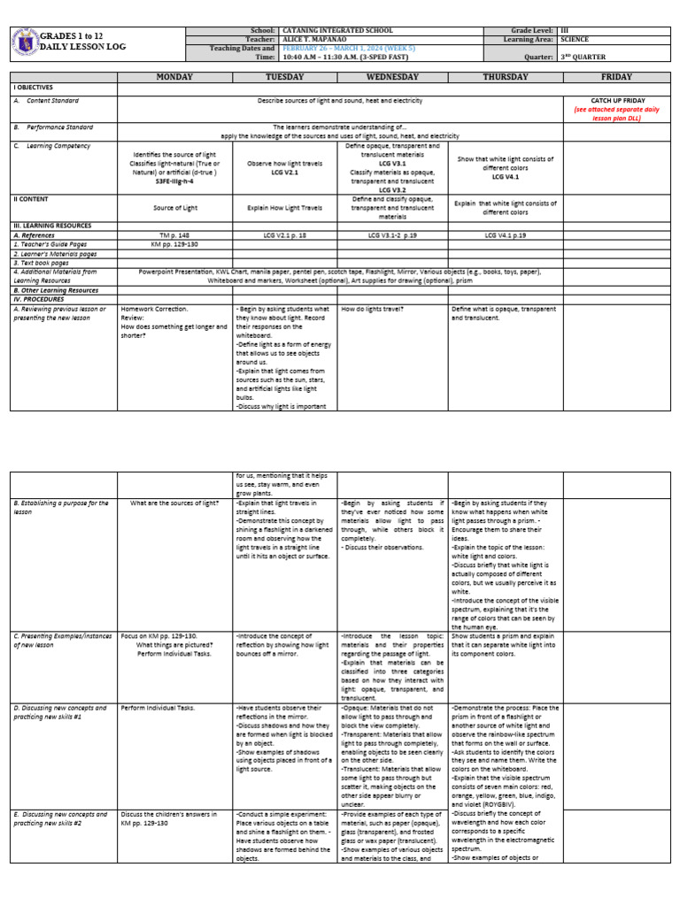 English DLL Science 3 q3 w5 | PDF | Light | Color