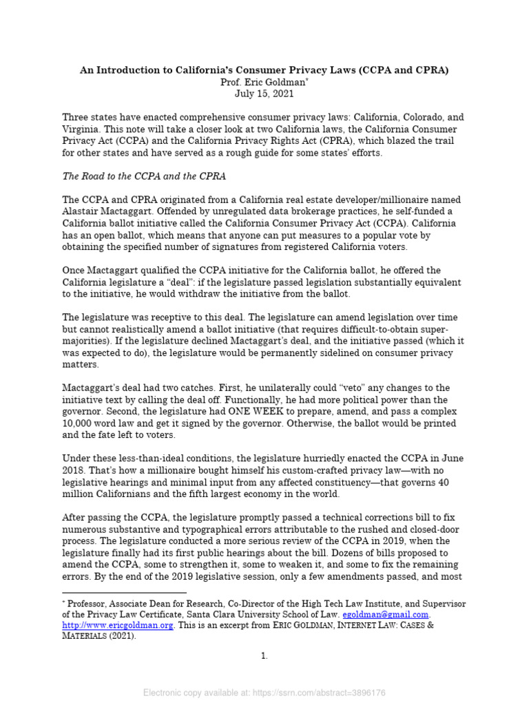 An Introduction To California's Consumer Privacy Laws (CCPA and CPRA) | PDF | Information | Privacy