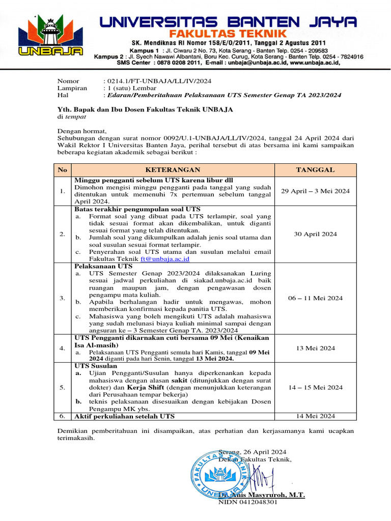 Surat Edaran Dekan Untuk Dosen TTG UTS Genap TA 20232024 | PDF