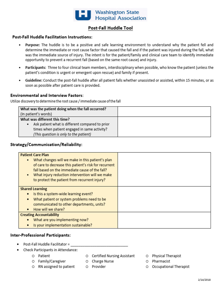 WSHA Post Fall Huddle Tool | PDF | Patient | Nursing