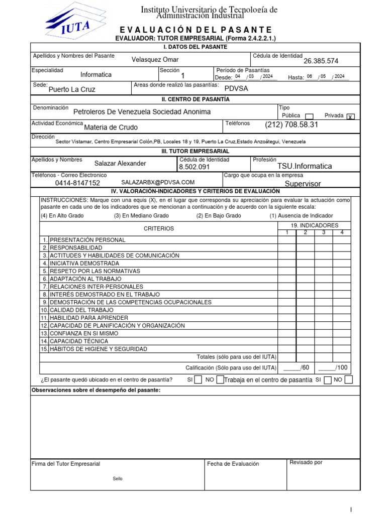 Evaluacion Del Pasante Evaluador Tutor Empresarial (Forma 2.4.2.2.1) | PDF