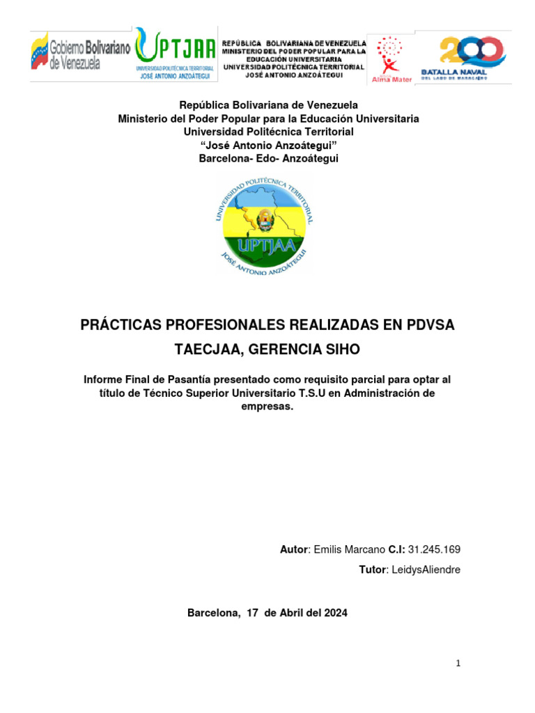 Prácticas Profesionales Realizadas en Pdvsa Taecjaa | PDF | Petróleo ...