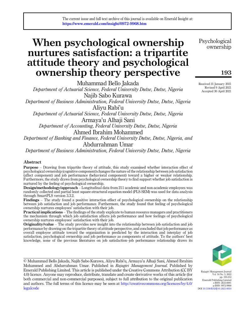 Psychological Ownership and Job Satisfaction | PDF | Attitude ...