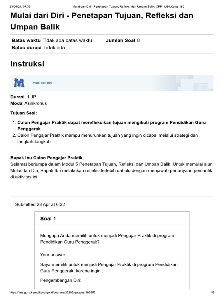 Mulai Dari Diri - Penetapan Tujuan, Refleksi Dan Umpan Balik - CPP11.G4.Kelas 180 | PDF