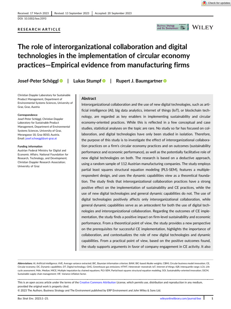 Bus Strat Env - 2023 - Schöggl - The Role of Interorganizational Collaboration and Digital ...