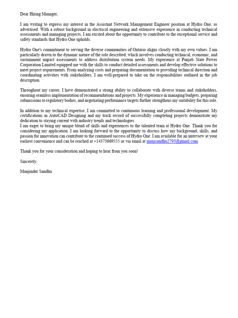 Hydro one cover letter | PDF