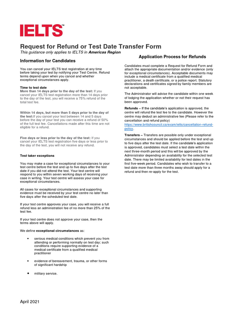 Request For Refund or Test Date Transfer Form - April2021 | PDF ...