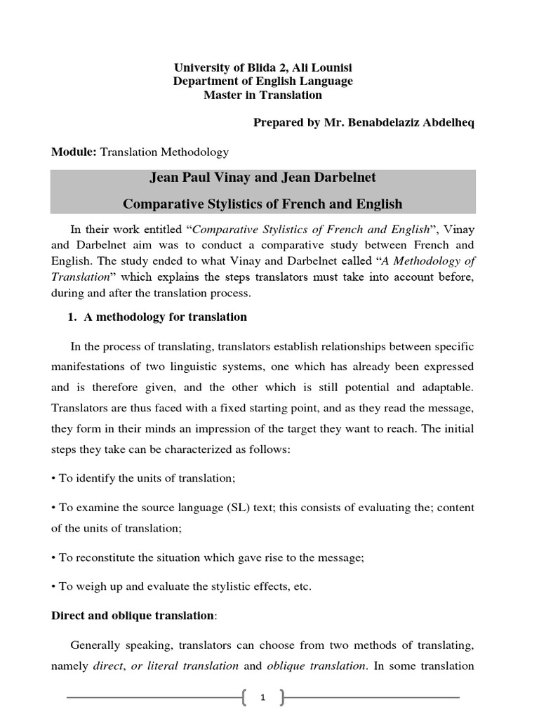 3 Jean Paul Vinay and Jean Darbelnet Model of Translation Techniques | PDF | Translations ...