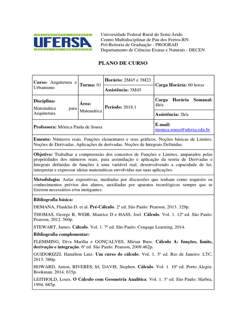 Plano de Curso - Mat. Arq-T01 | PDF | Limite (Matemática) | Cálculo