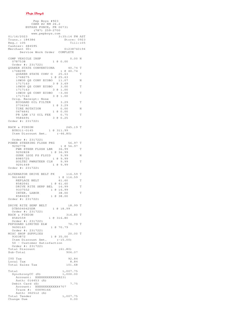 Pep Boys Service Receipt #2317221 | PDF | Payments | Financial Services