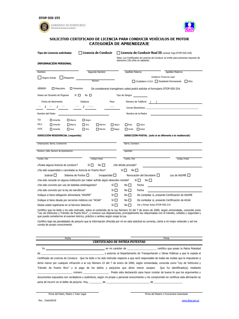 Dtop Dis 255 | PDF | Licencia de conducir | Certificado de nacimiento