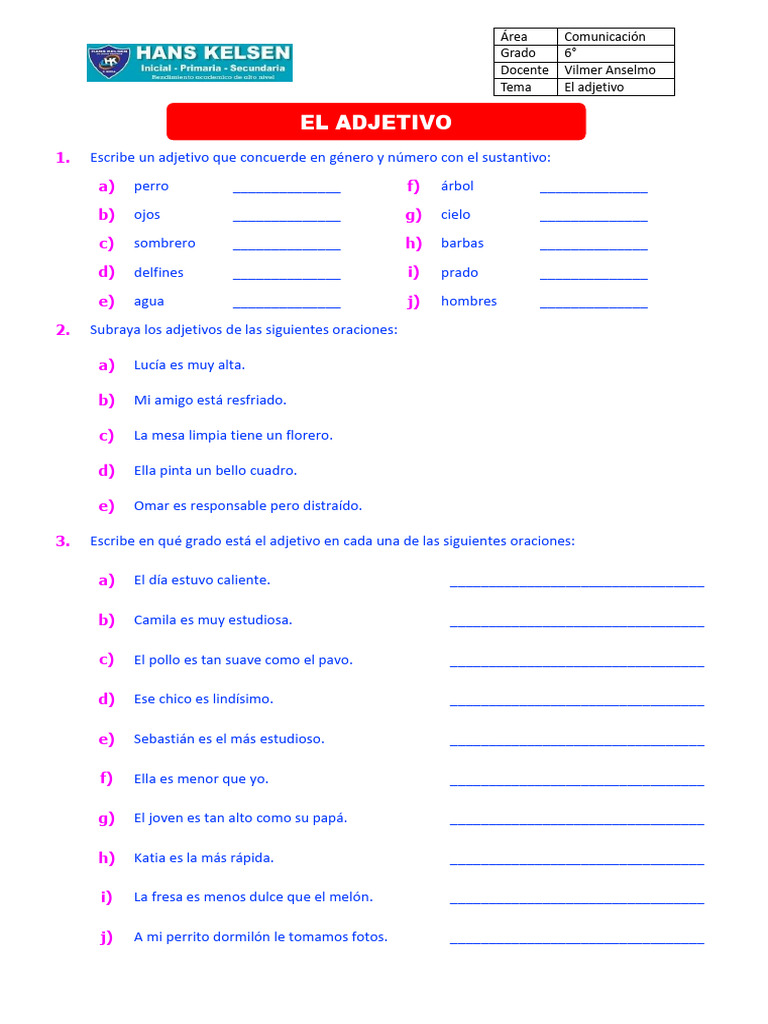 Tema 04 El Adjetivo 6° | PDF | Adjetivo