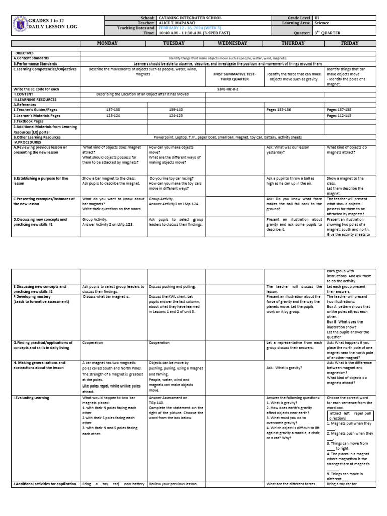 Grade 3 Science Lesson Plan: Forces | PDF | Magnet | Learning