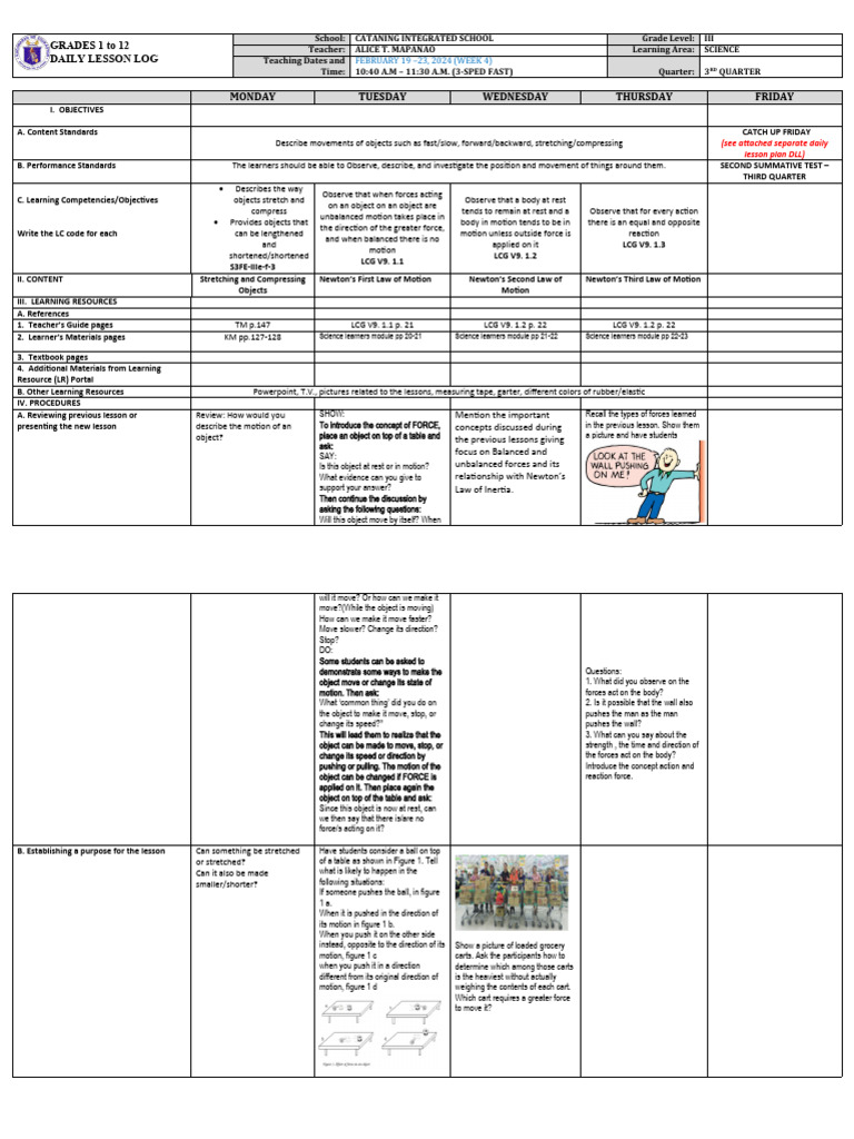 English DLL Science 3 q3 w4 | PDF | Force | Mass