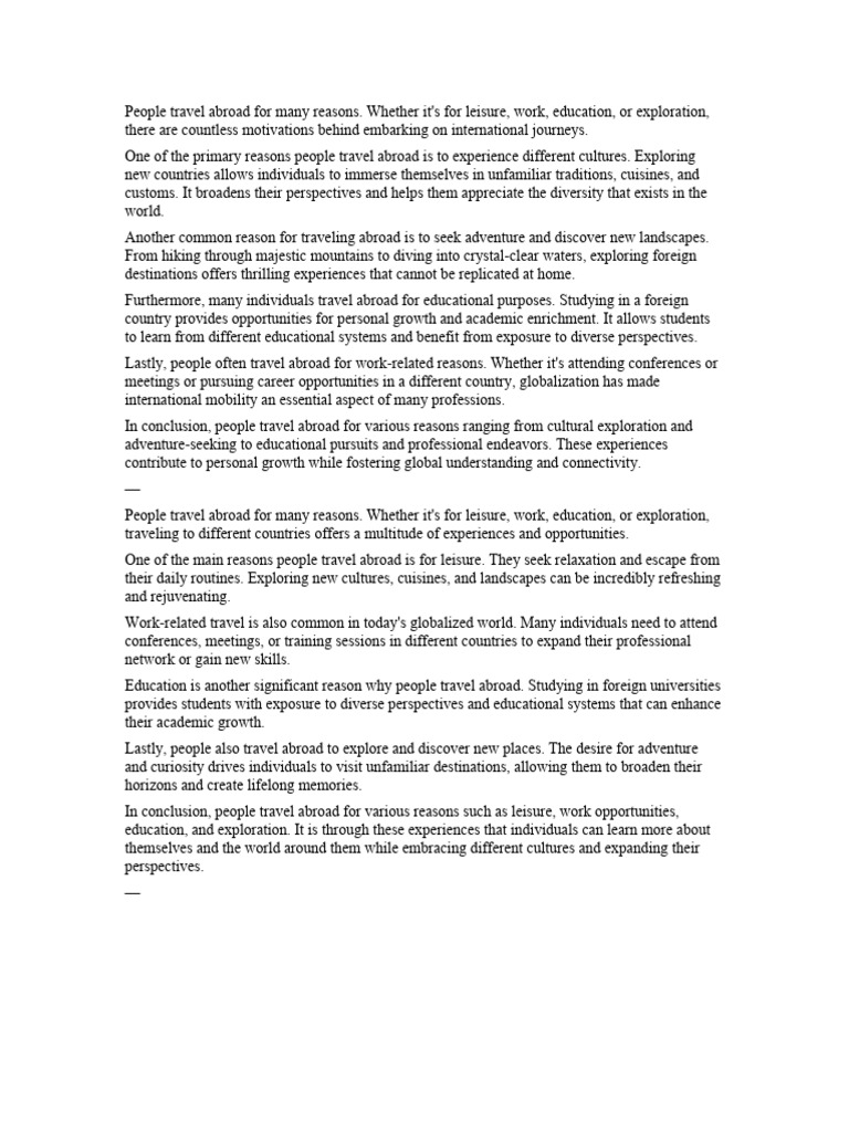 Write An Essay of 180 Words On The Followingpeople Travel Abroad For ...