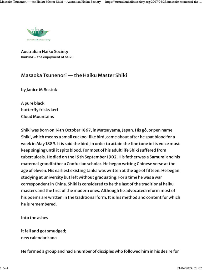 Masaoka Tsunenori - The Haiku Master Shiki - Australian Haiku Society ...