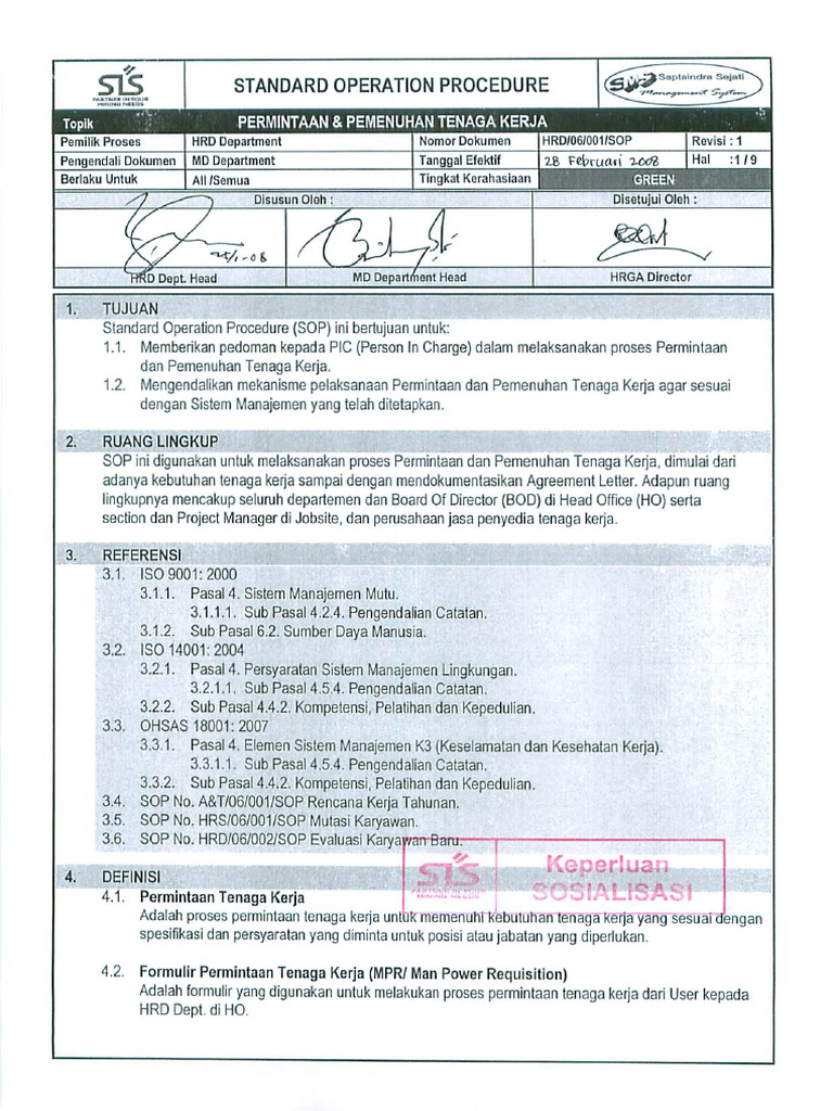 HRD 06 001 R1 SOP Permintaan Dan Pemenuhan Tenaga Kerja | PDF