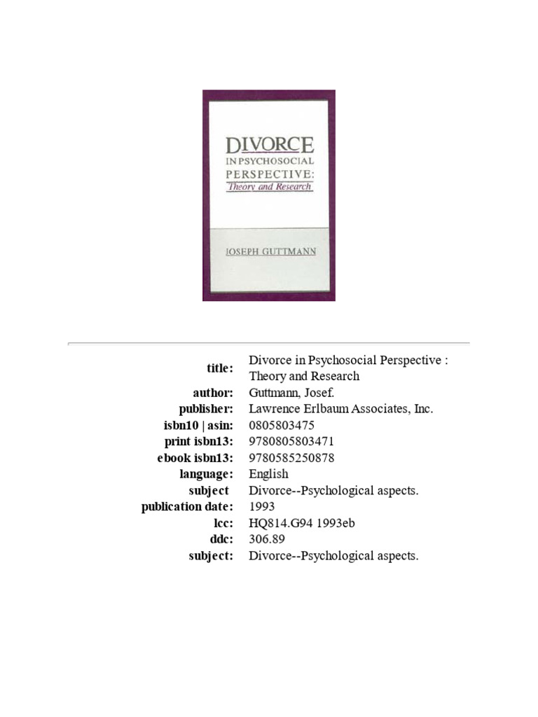 Divorce in Psychosocial Perspective Theory and Research Josef Guttmann ...