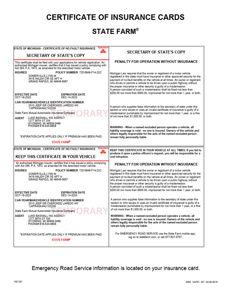 Temporary: Certificate of Insurance Cards | PDF | Insurance | Vehicle ...