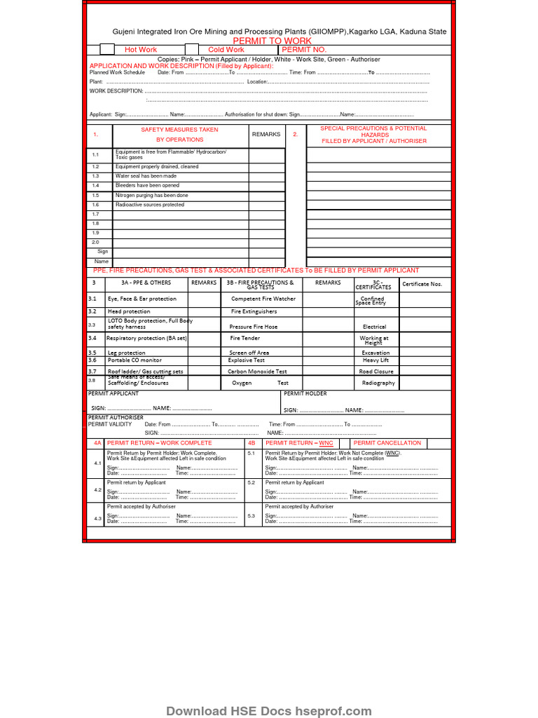 Iron Ore Mining Safety Work Permit | PDF | Fires | Safety