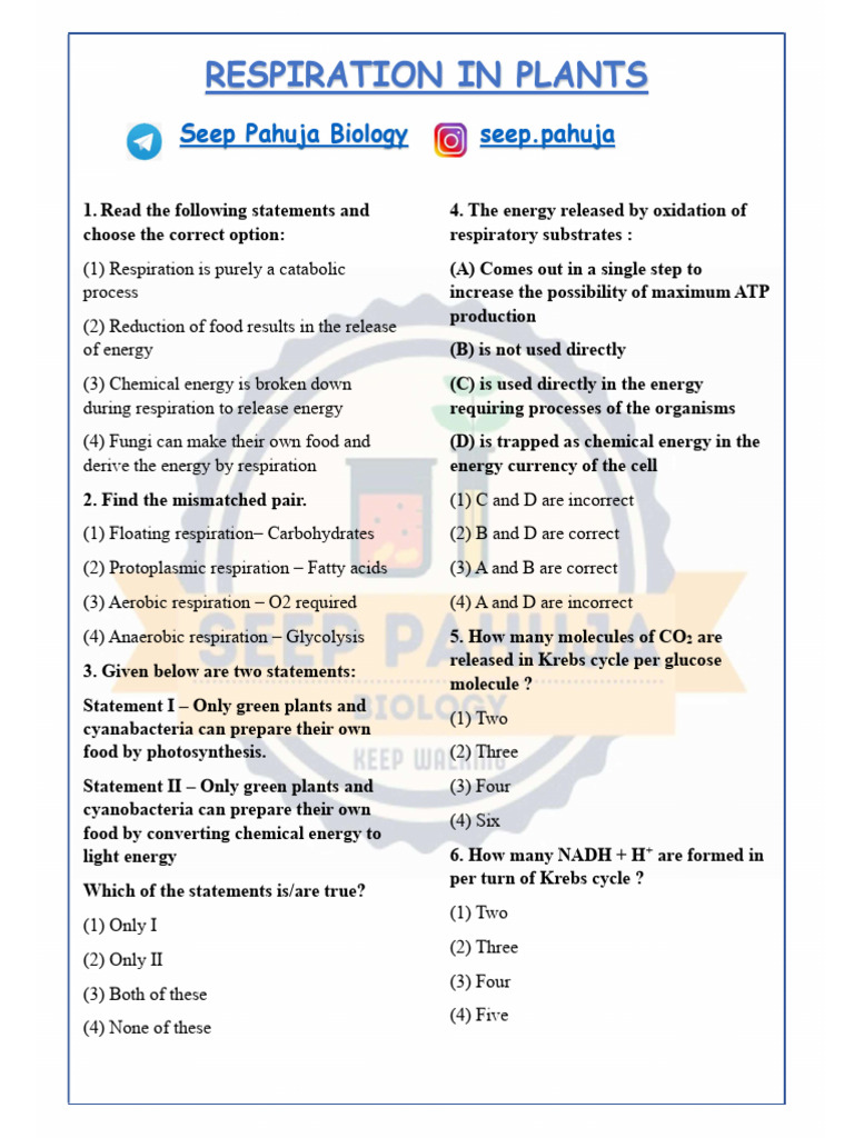 RESPIRATION IN PLANTS DPP by Seep Pahuja | PDF | Cellular Respiration ...