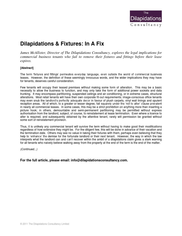 Dilapidations & Fixtures - in A Fix (Article) (2011) ABSTRACT | PDF | Law