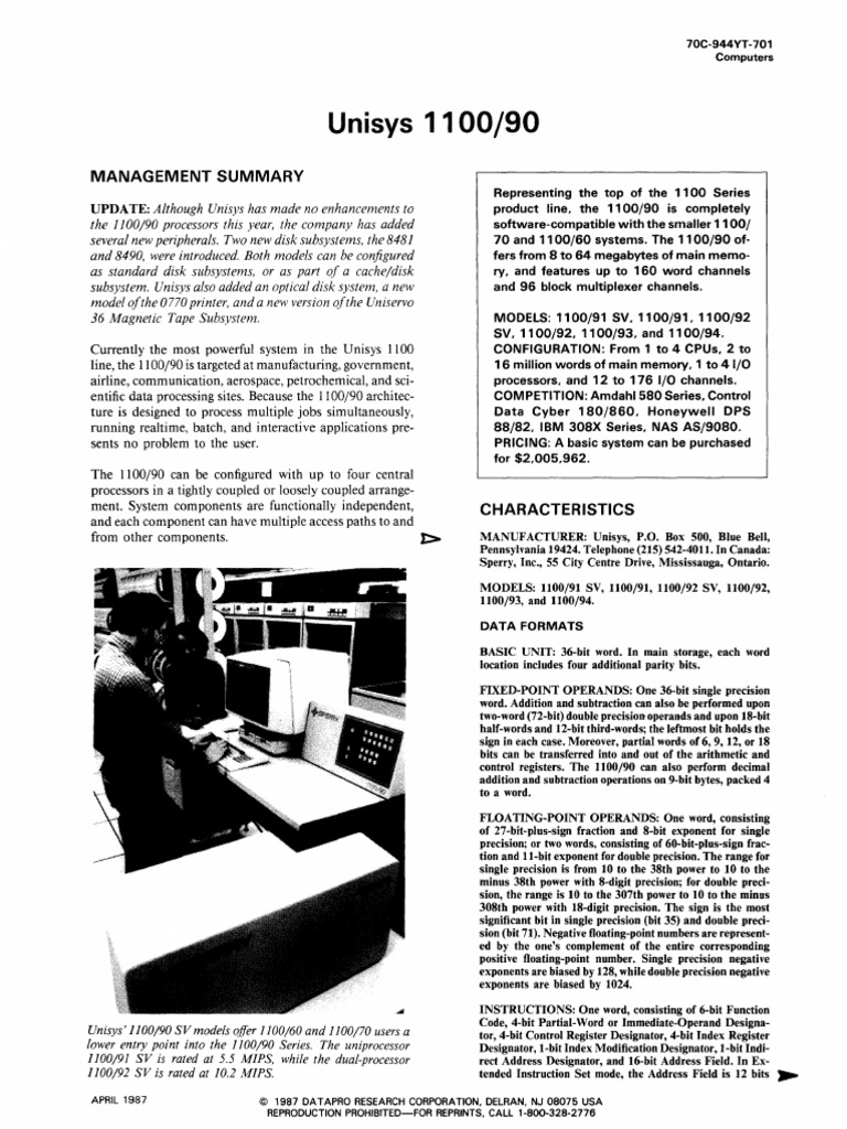 70C-944YT-70 8704 Unisys 1100 90 | PDF | Central Processing Unit ...