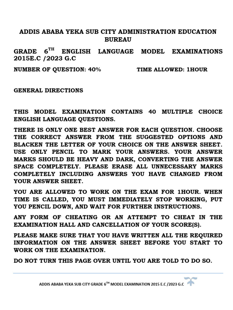 Grade 6 English Model Exam 2015 E.C | PDF | Humidity | Atmosphere Of Earth