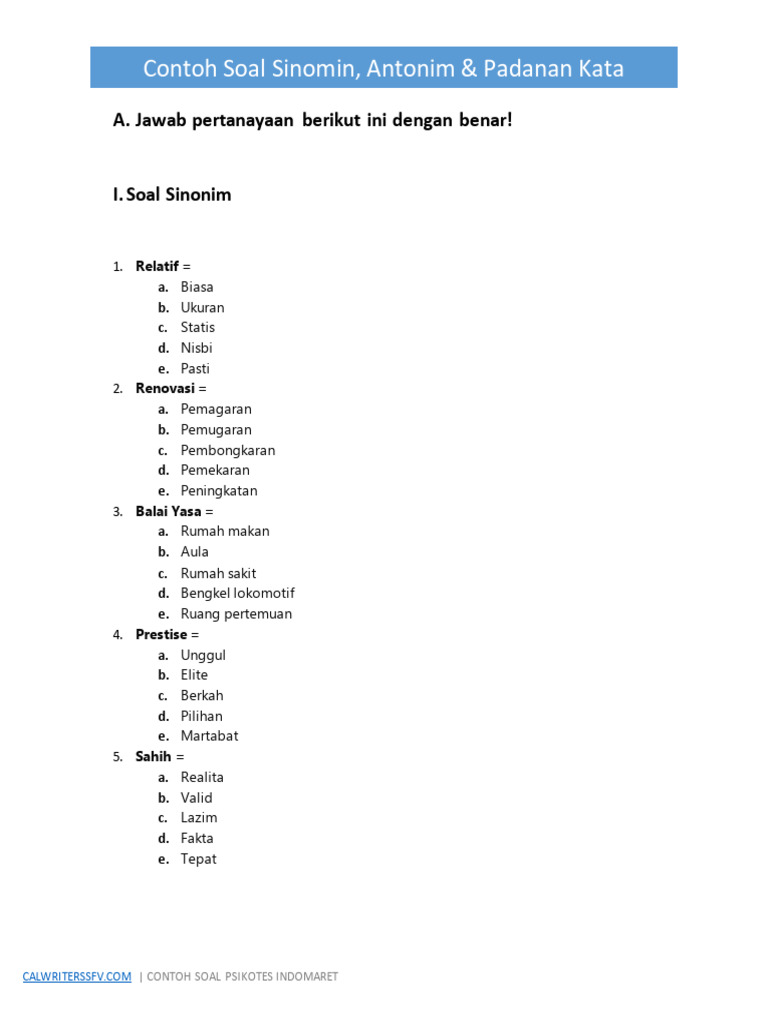 Contoh Soal Sinomin Antonim Padanan Kata | PDF