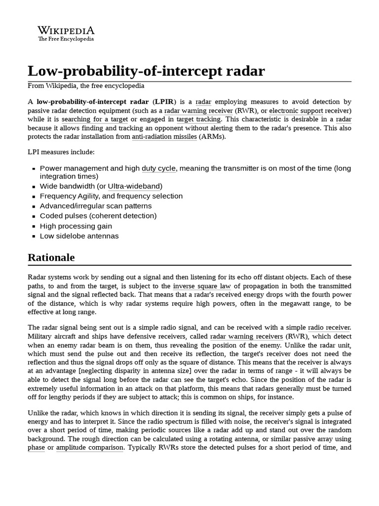 Low Probability of Intercept - Radar | PDF | Radar | Military Technology